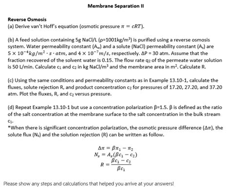 membrane separation ii reverse osmosis a derive van hoff s equation