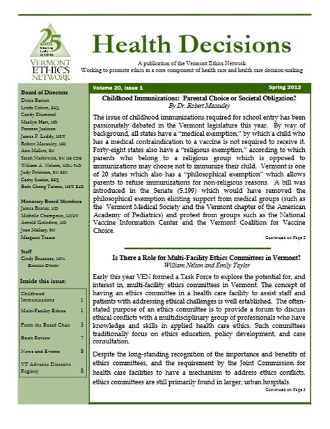 Ven Newsletter Spring 2012 Vermont Ethics Network