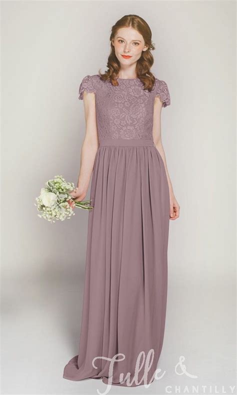 Cap Sleeves Long Lace And Chiffon Bridesmaid Dress Tbqp322d