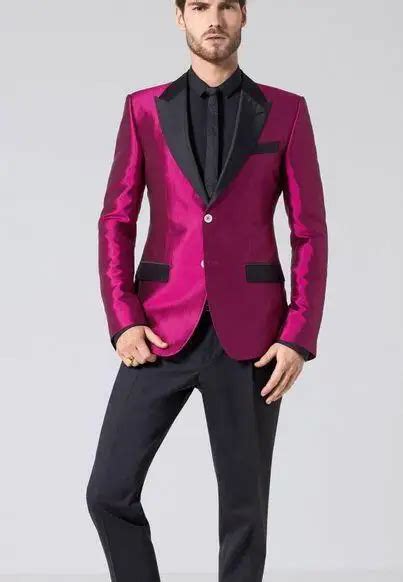 Latest Coat Pant Designs Hot Pink Satin Men Suit Formal Skinny Shining