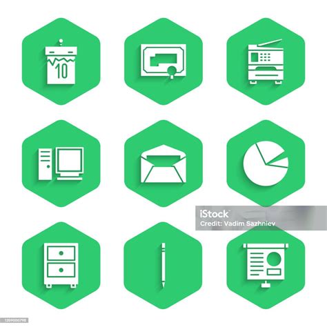 봉투 지우개 연필 칠판 다이어그램 원형 차트 인포그래픽 서랍 문서 컴퓨터 모니터 프린터 및 캘린더 아이콘을 설정합니다 벡터 0명에 대한 스톡 벡터 아트 및 기타 이미지