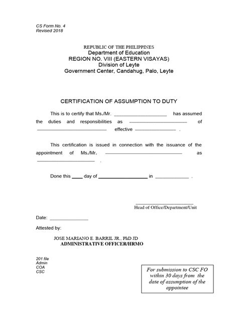 Cs Form No 4 Certification Of Assumption To Duty Pdf