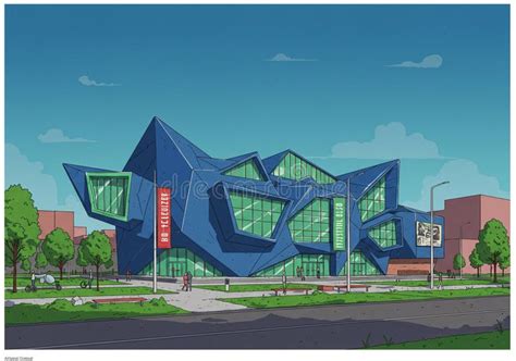 Futuristic Building With Sharp Angular Geometry And A Striking Blue Facade Large Stock