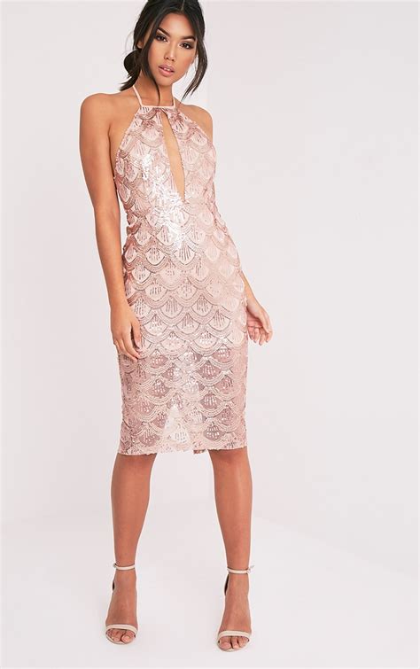 Amarie Rose Gold High Neck Keyhole Sequin Midi Dress Dresses