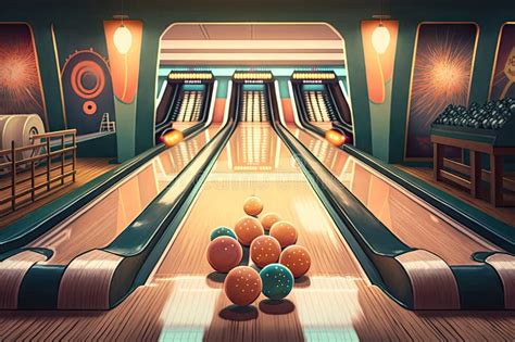 Bowling Alley With Games In Progress Pins And Balls In Motion Stock