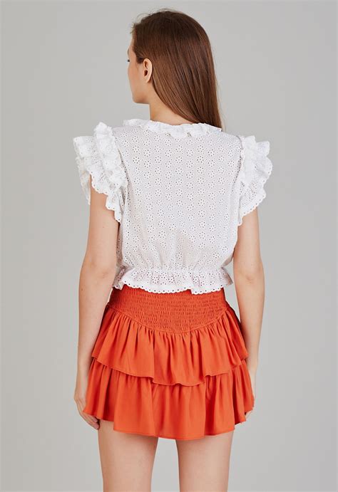 Tiered Ruffle Shirred Waist Mini Skirt In Orange Retro Indie And