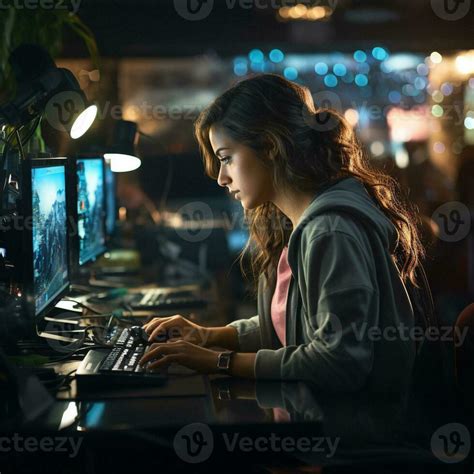 Ai Generated Young Girl Programmer Writing Code On The Keyboard In The