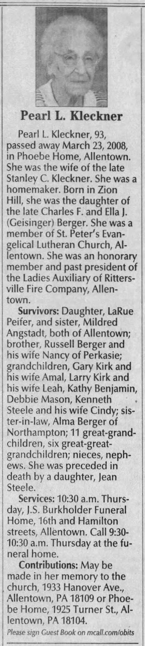 Pearl Kleckner Obit