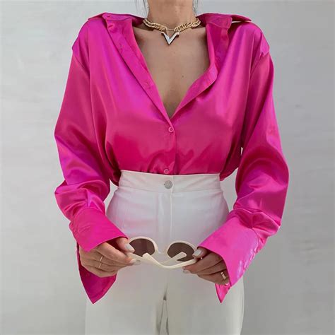 2022 새틴 긴 소매 블라우스 여성 상의 빈티지 블루 그린 실크 셔츠 캐주얼 루즈 버튼 업 여성 셔츠 패션 상의