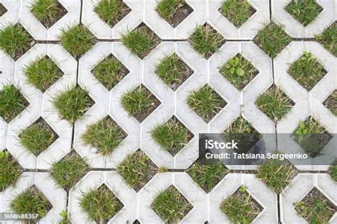 잔디를위한 구멍이있는 에코 주차 셀이있는 기하학적 회색 콘크리트 타일 평면도 잔디 용 포장 돌 0명에 대한 스톡 사진 및 기타 이미지 Istock