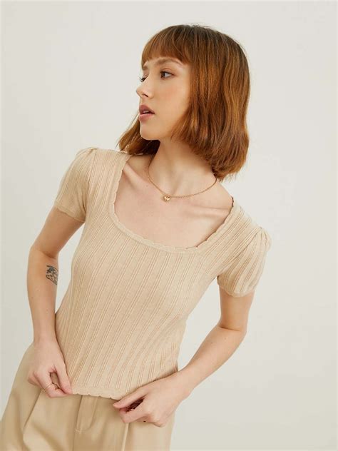 Square Neckline Top Beige Pomelo Fashion