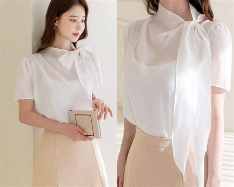 Elegant See Through Ribbon Tie Short Sleeve Sheer Blouse Korean Style