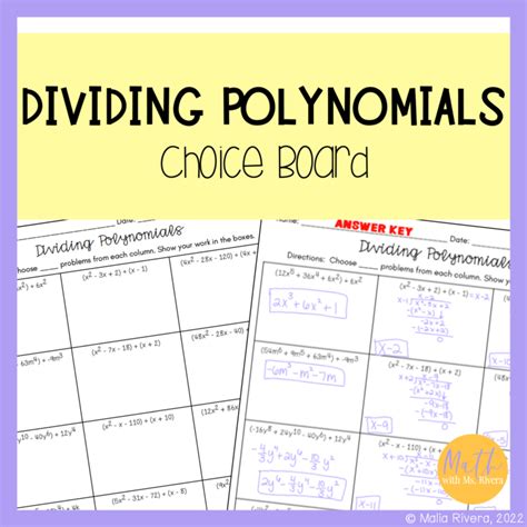 Dividing Polynomials Worksheet Choice Board For Algebra 1 Maila
