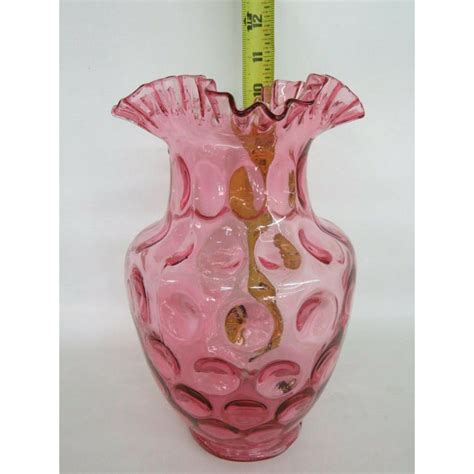 Fenton Coin Dot Pink Cranberry Glass Ruffled Crimped Edge Rim Vase