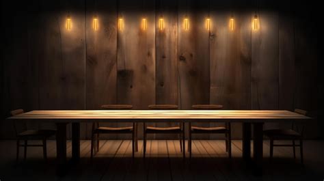 Premium AI Image Minimalist Wooden Table Juxtaposed With Abstract Restaurant Lights