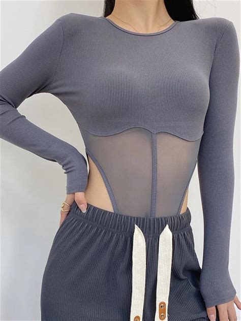 Body Sexy De Una Pieza Para Mujer Top De Empalme De Malla Manga Larga
