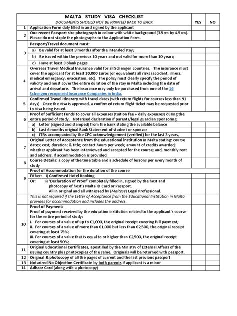 Malta Vfs India Study Visa Checklist Download Free Pdf Travel Visa Passport