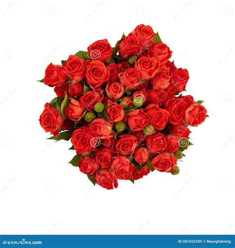 Bouquet Of Orange Red Roses With Thorns Take A Photo From Above Stock