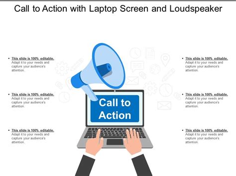 Call To Action With Laptop Screen And Loudspeaker PowerPoint Presentation Sample Example Of