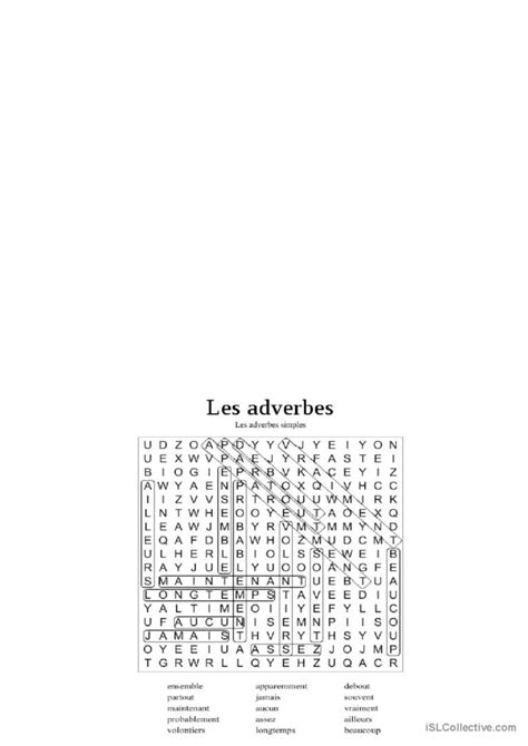 Mots mêlés Les ADVERBES Français FLE fiches pedagogiques pdf doc