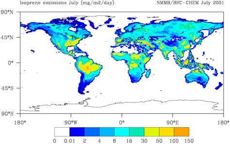 Isoprene Emissions Computed With Nmmbbsc Ctm Left And July 2001 Mean Download Scientific