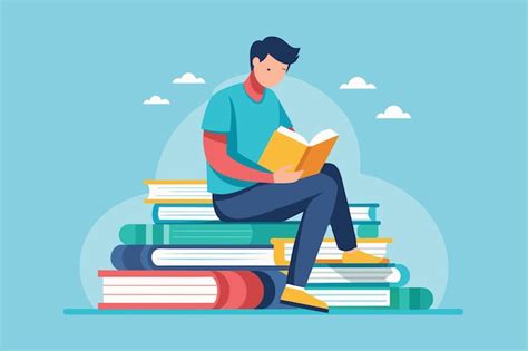 Premium Vector A Man Sitting Atop A Stack Of Books Engrossed In