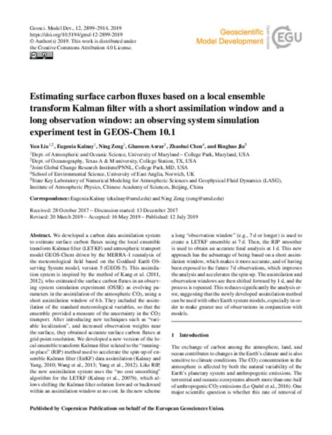 Pdf Estimating Surface Carbon Fluxes Based On A Local Ensemble Transform Kalman Filter With A