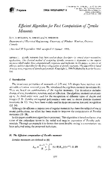 Pdf Efficient Algorithm For Fast Computation Of Zernike Moments M