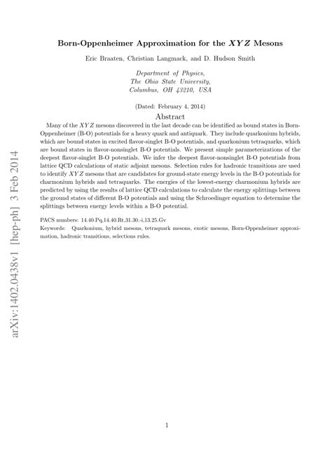 Pdf Born Oppenheimer Approximation For The Xyz Mesons