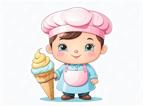 아이스크림 콘을 가진 귀여운 작은 아기 소녀의 터 만화 일러스트 프리미엄 벡터