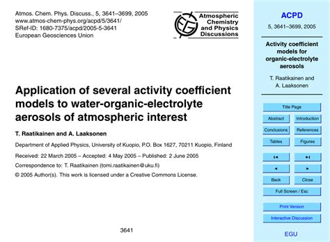 Pdf Application Of Several Activity Coefficient Models To Water Organic Electrolyte Aerosols