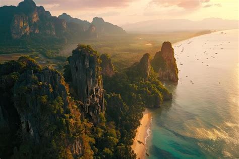 Limestone Cliffs Of Railay Beach At Sunset Premium Ai Generated Image