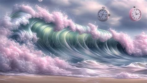 A Surreal Scene Of A Vibrant Wave With Floating Clocks Symbolizing The