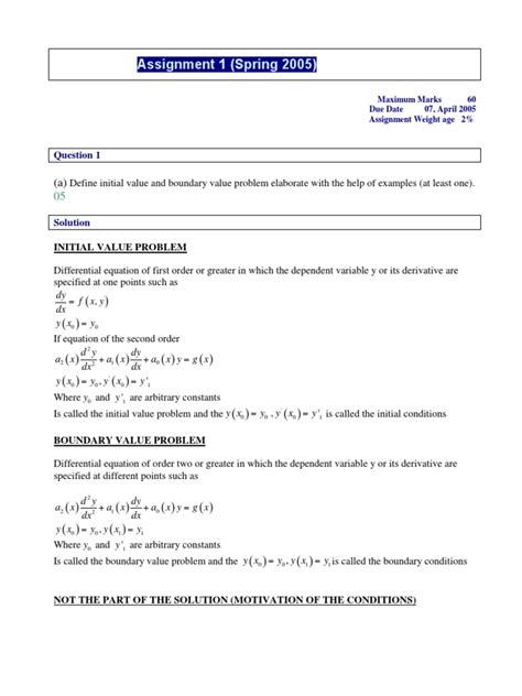 Differential Equations Solved Assignments Semester Spring 2005