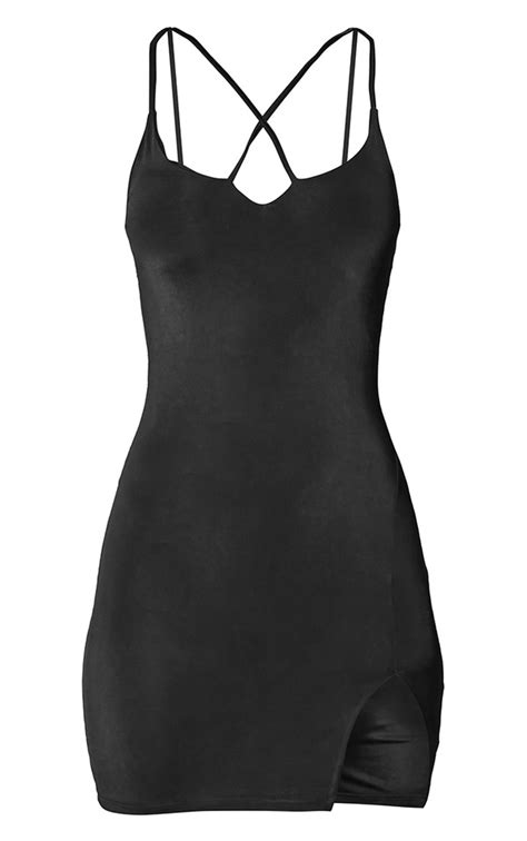 Black Cross Strap Extreme Split Bodycon Dress Prettylittlething Usa