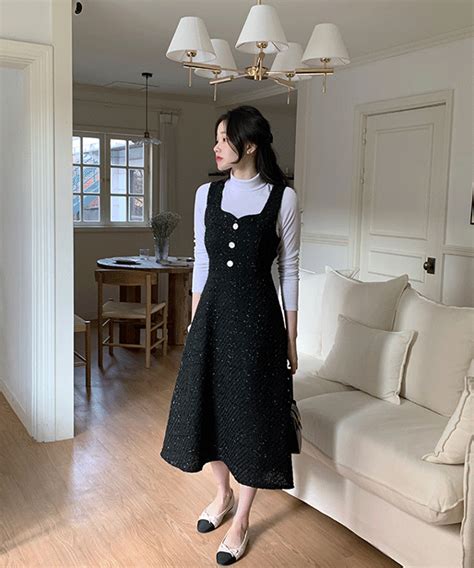 크리엘 트위드 진주 하트넥 뷔스티에 롱 원피스 봄 가을 겨울 하객룩 연말룩 파티룩 에이블리