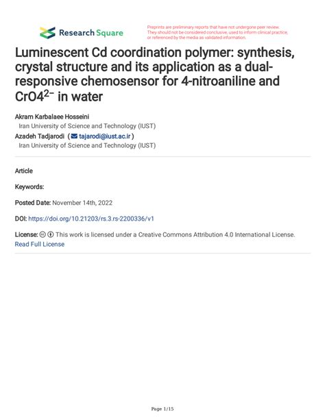 Pdf Luminescent Cd Coordination Polymer Synthesis Crystal Structure And Its Application As A