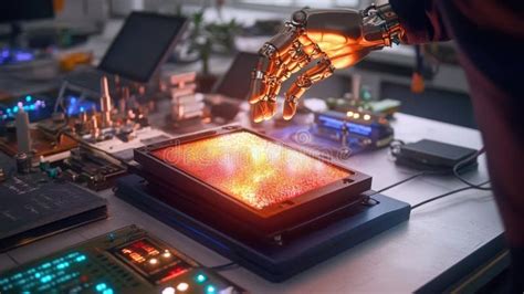 Robotic Arm Interacting With Advanced Technology In A Futuristic Setting Stock Image Image Of