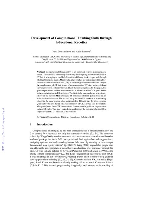 pdf development of computational thinking skills through educational