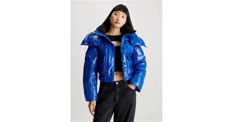 Calvin Klein Cropped High Shine Puffer Jacket In Blue Lyst Uk