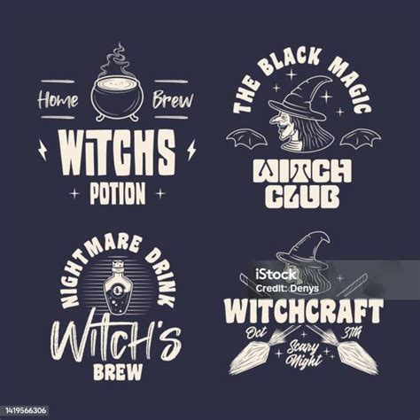 마녀 로고 세트 4 마녀 관련 레이블 배지 엠블럼 할로윈 엠블럼 포스터 템플릿 벡터 일러스트 레이 션 고무도장에 대한 스톡 벡터 아트 및 기타 이미지 Istock