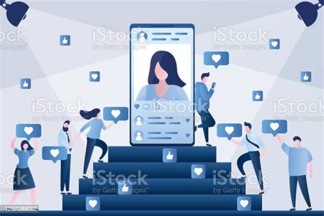 연단에 큰 스마트 폰 화면에 아바타와 여성 계정 다양한 사람들이 추종자가 좋아하고 마음을 제공합니다 Brand Name