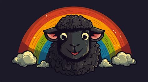 Baa Baa 배경에 무지개가 있는 검은 양 프리미엄 Ai 생성 벡터
