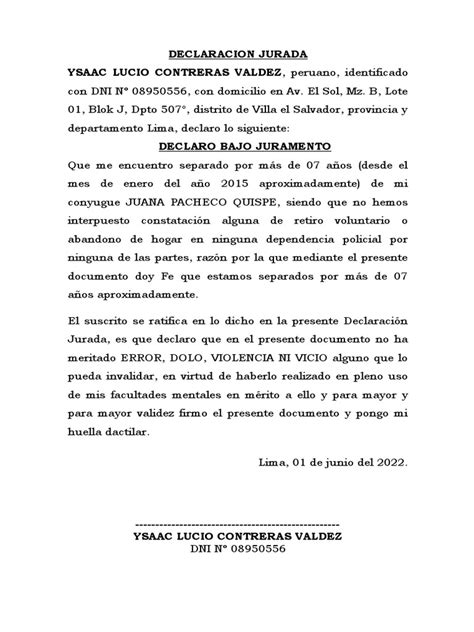 Declaracion Jurada Divorcio Pdf