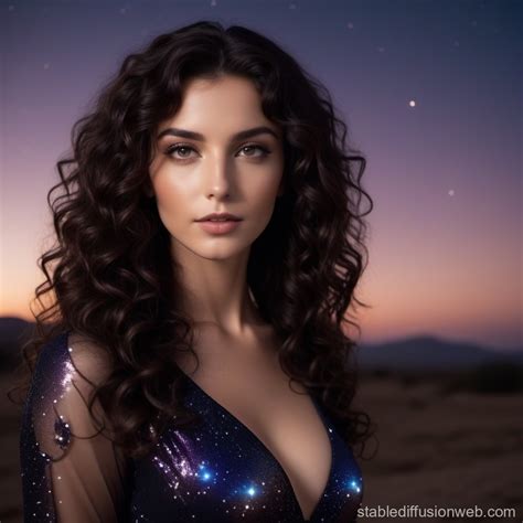 Dark Haired Woman In Iridescent Dress At Dusk Stable Diffusion Online
