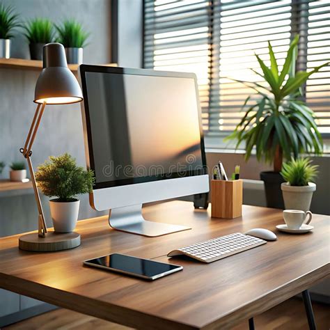 Seamless Gadget Integration In A Modern Minimalist Office Desk Setup Stock Illustration