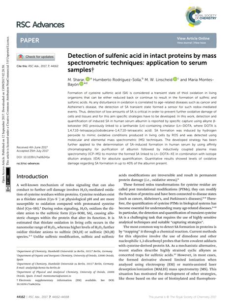 Full Article Detection Of Sulfenic Acid In Intact Proteins By Mass