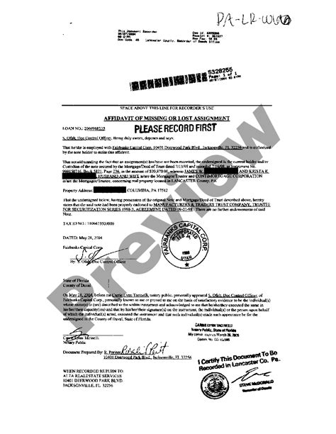 Pennsylvania Affidavit Of Missing Or Lost Assignment Lost Assignment