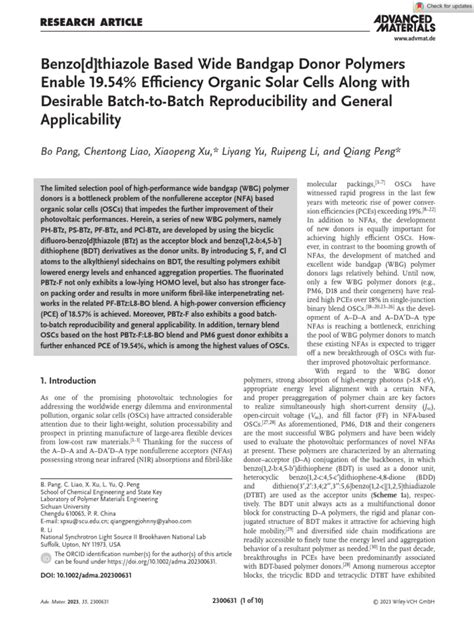 Benzo D Thiazole Based Wide Bandgap Donor Polymers Pdf Physical