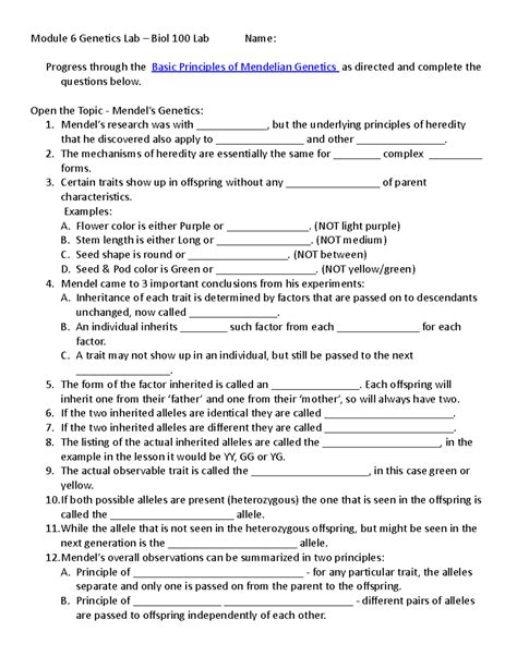 Module 6 Genetics Lab Sheet Biol 100L Module 6 Genetics Lab Biol 100 Lab Name Progress